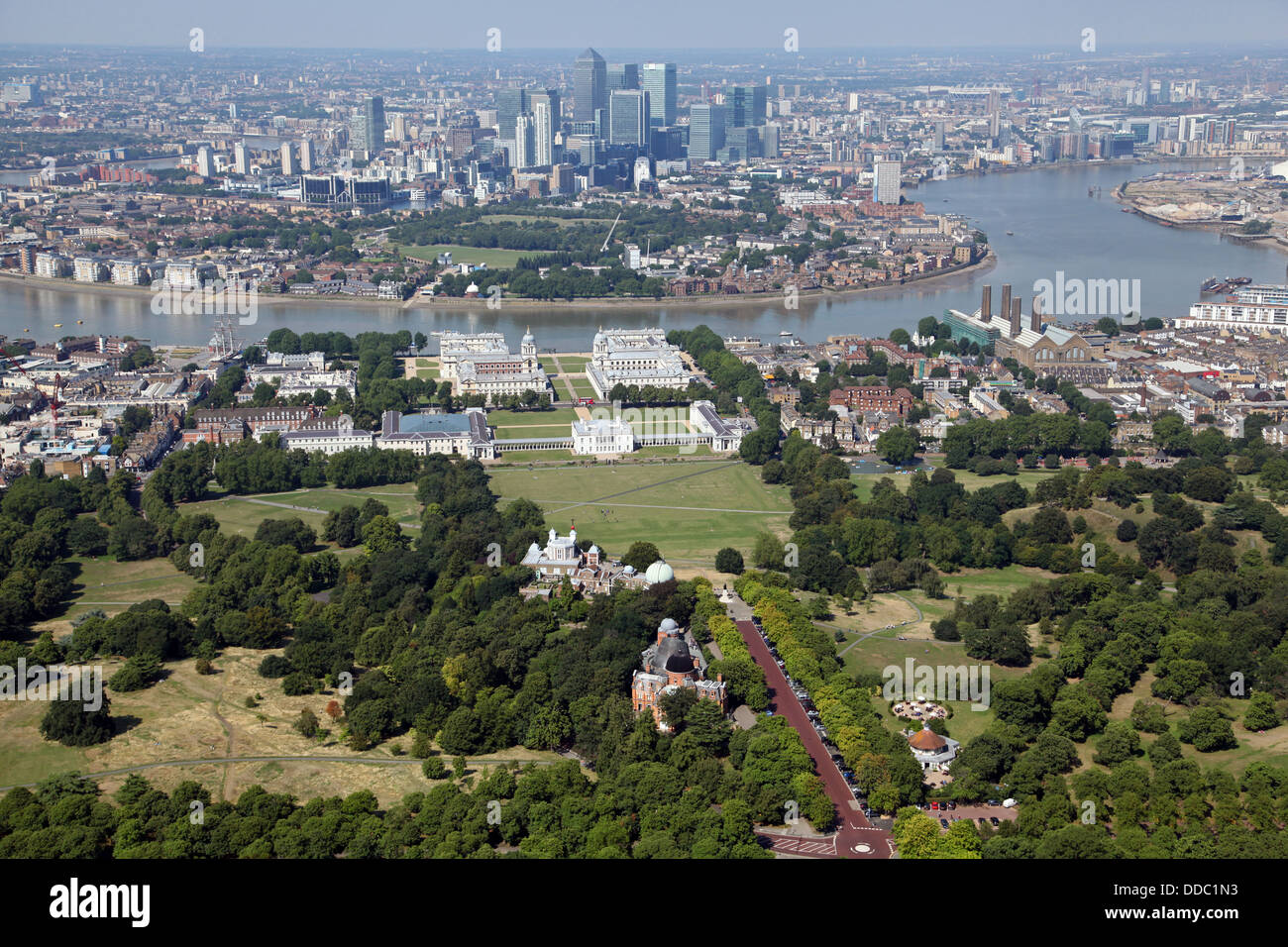 aerial view of Greenwich Park, Royal Observatory, Prime Merdian, River ...
