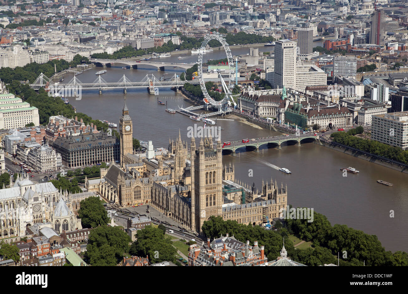 aerial view of The Houses of Parliament, London Eye and River Thames ...