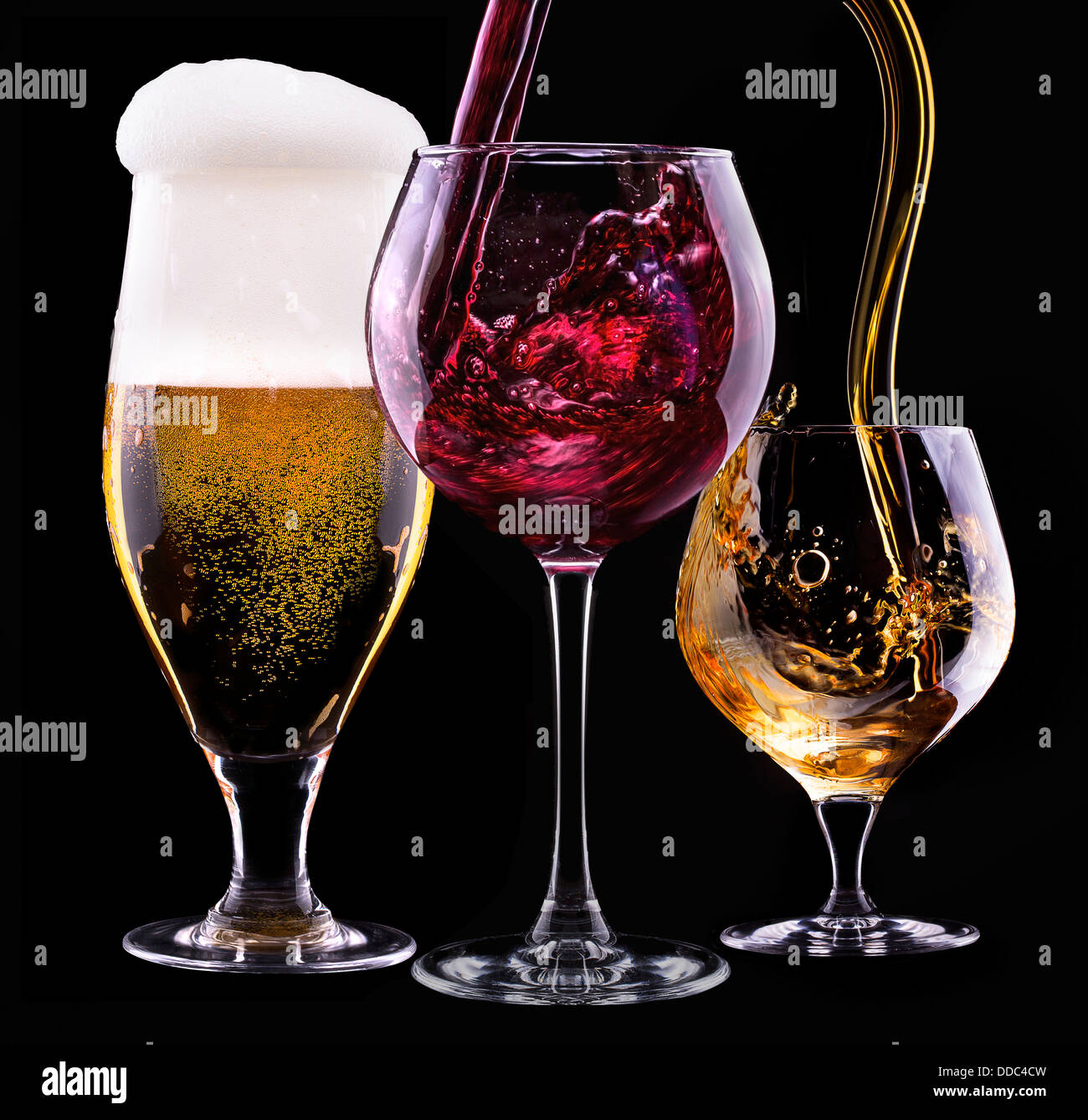 alcohol drinks set isolated on a black background - beer,wine,scotch ...