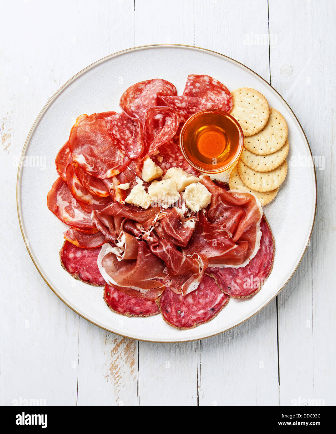 Platter of Assorted Cured Meats, Cheese and Honey Stock Photo - Alamy