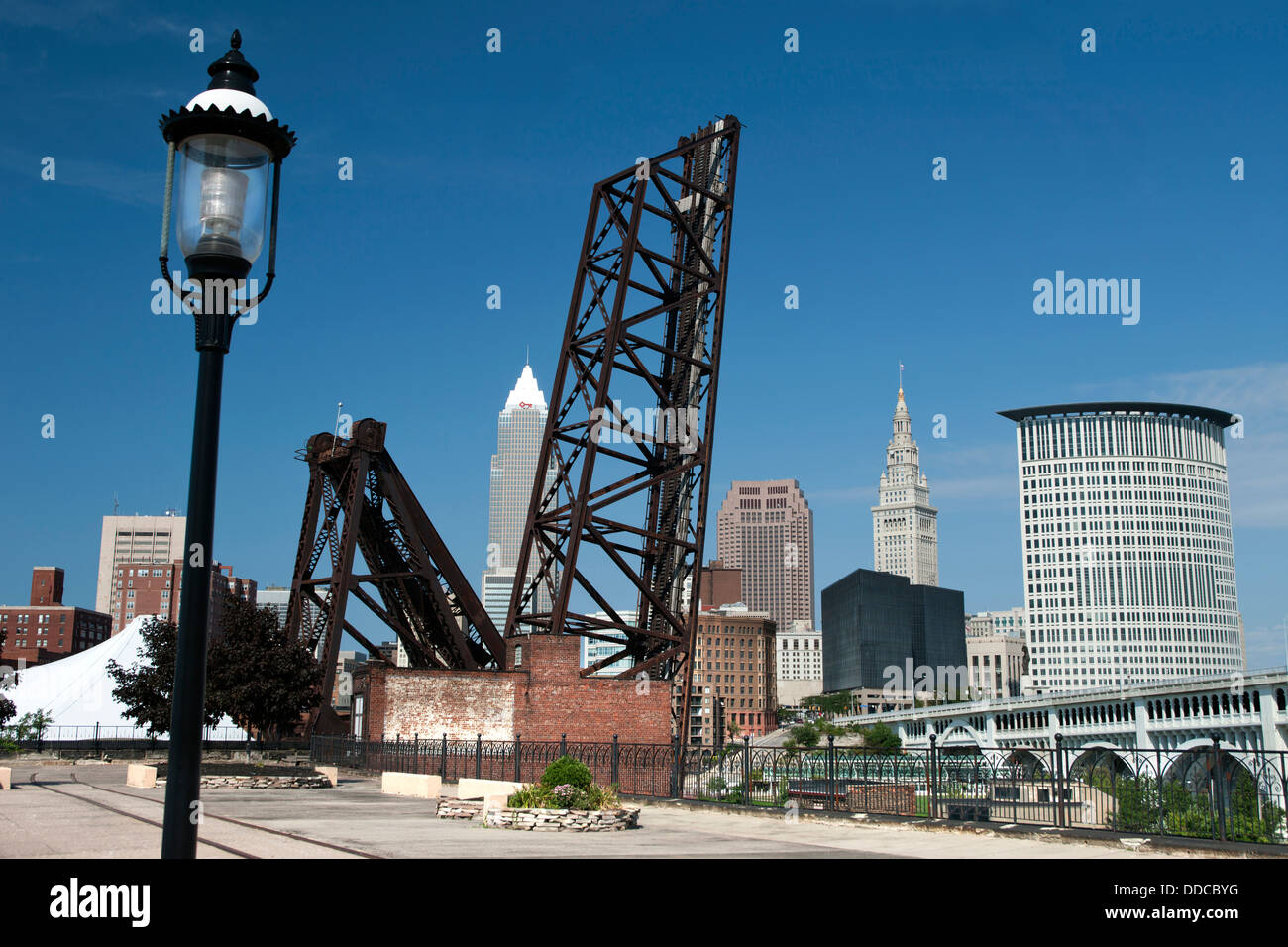 Cuyahoga River At Settlers Landing Park Downtown Skyline Cleveland Ohio