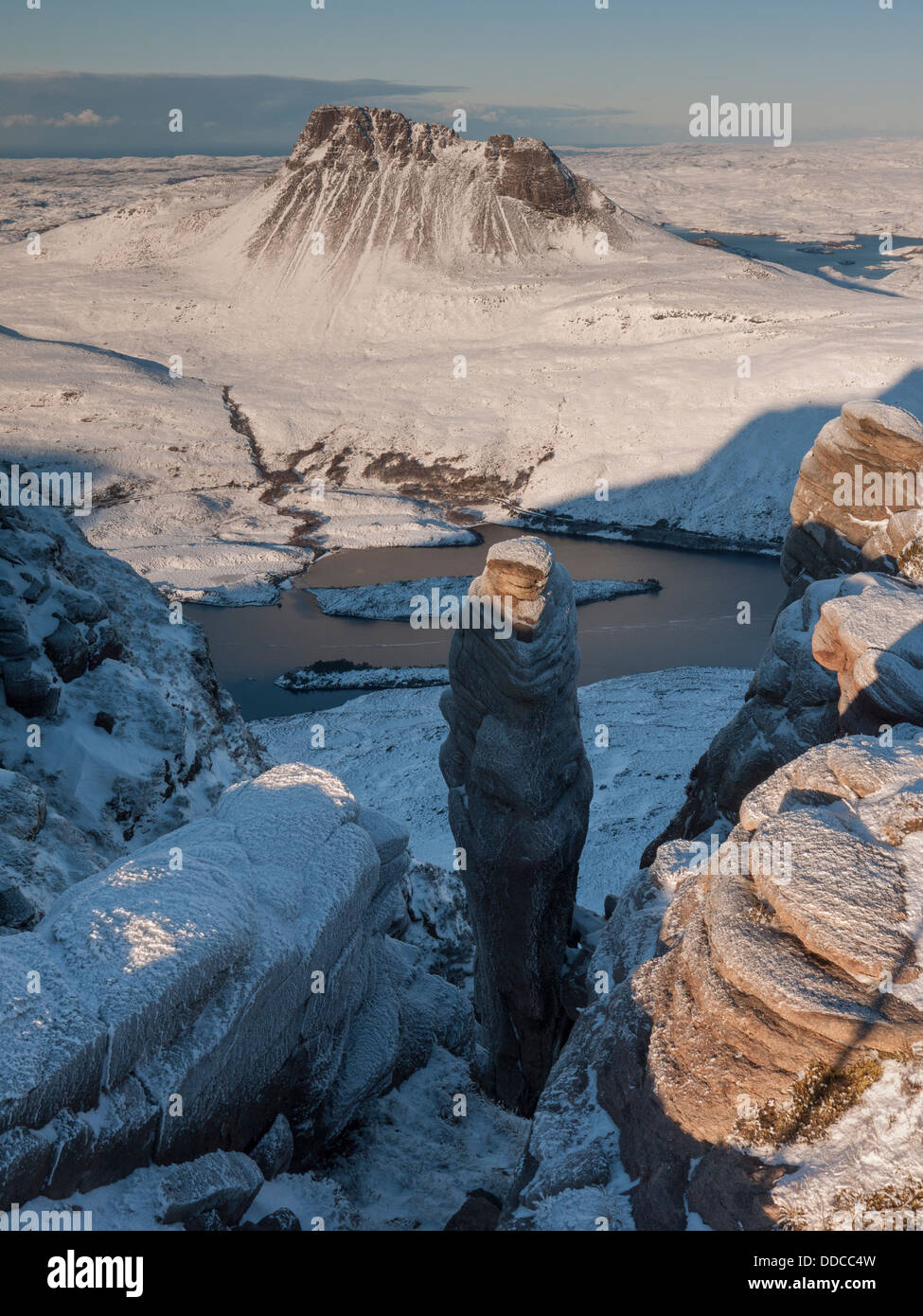 The view north towards Stac Pollaidh from the wintery summit of Sgorr ...