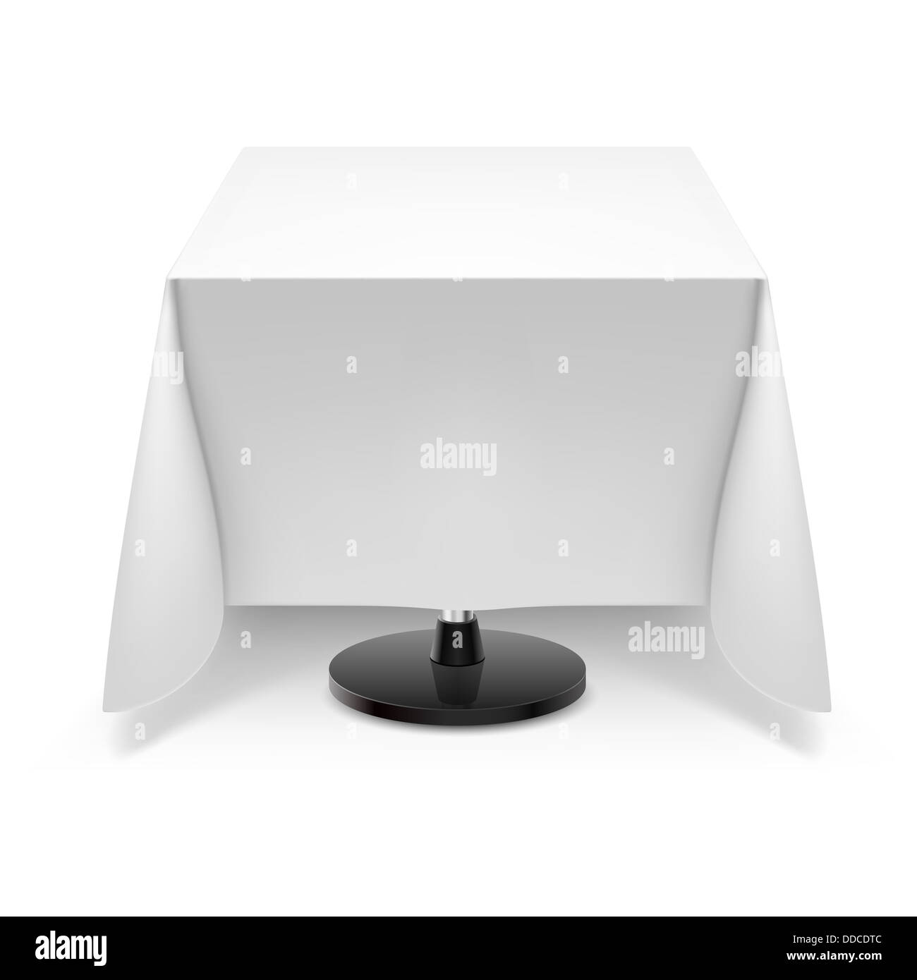 Square dining table with white tablecloth and round leg isolated on ...