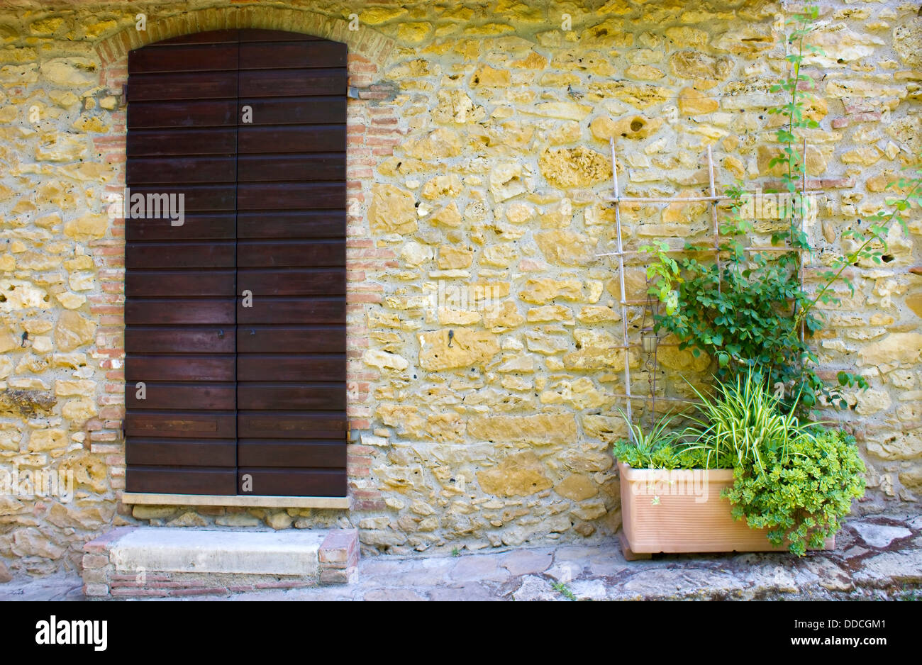 old tuscan wall with doors and flowers Stock Photo - Alamy