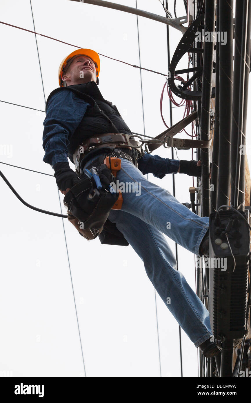 Communications worker examining cables on power pole Stock Photo - Alamy