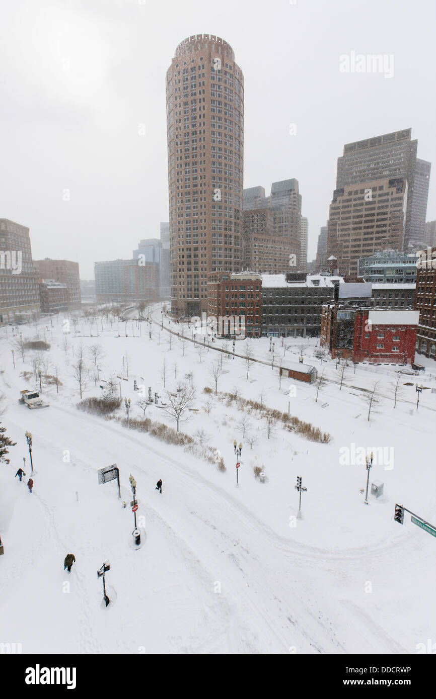 City view during blizzard in Boston, Suffolk County, Massachusetts, USA ...
