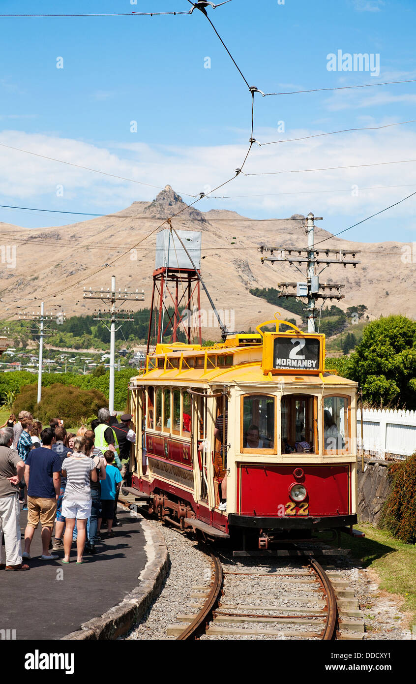 A vintage tram at the station at Ferrymead Heritage Park and museum ...