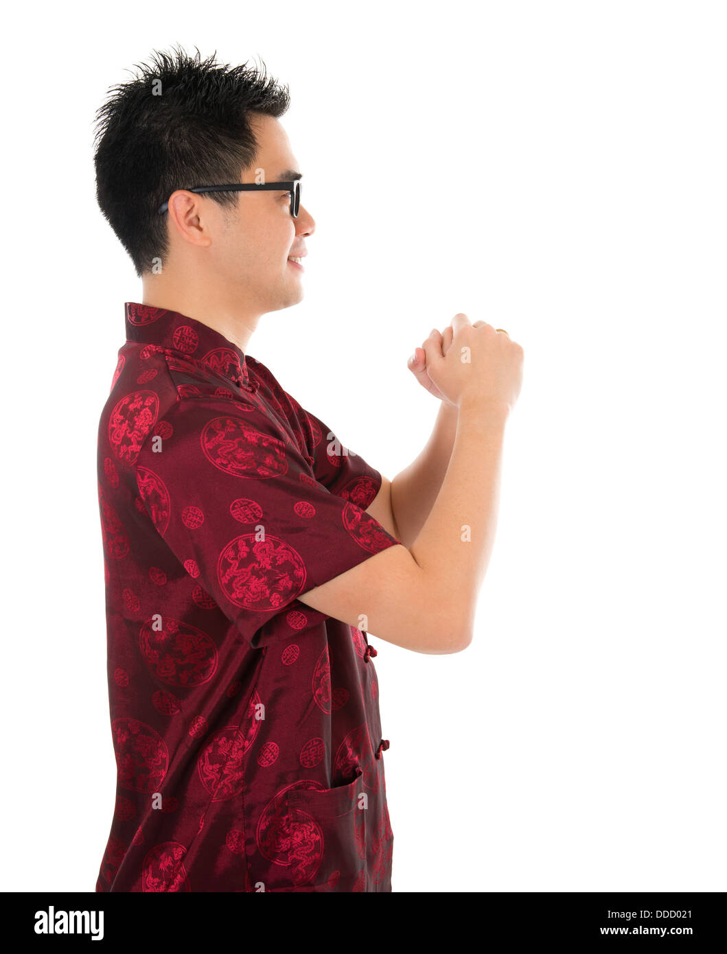 Side view Asian man with Chinese traditional dress cheongsam or tang ...