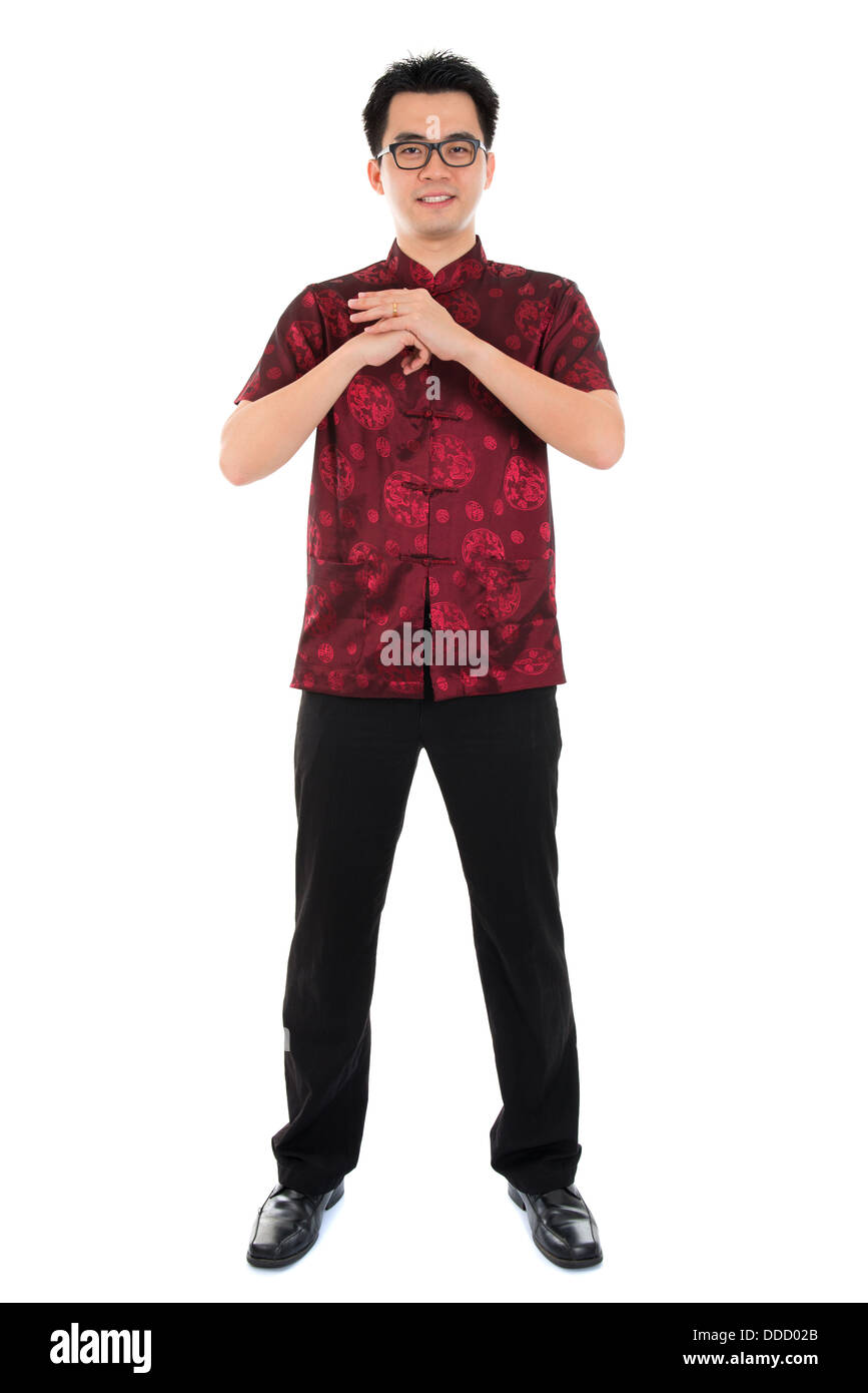 Full body Asian man with Chinese traditional dress cheongsam or tang ...