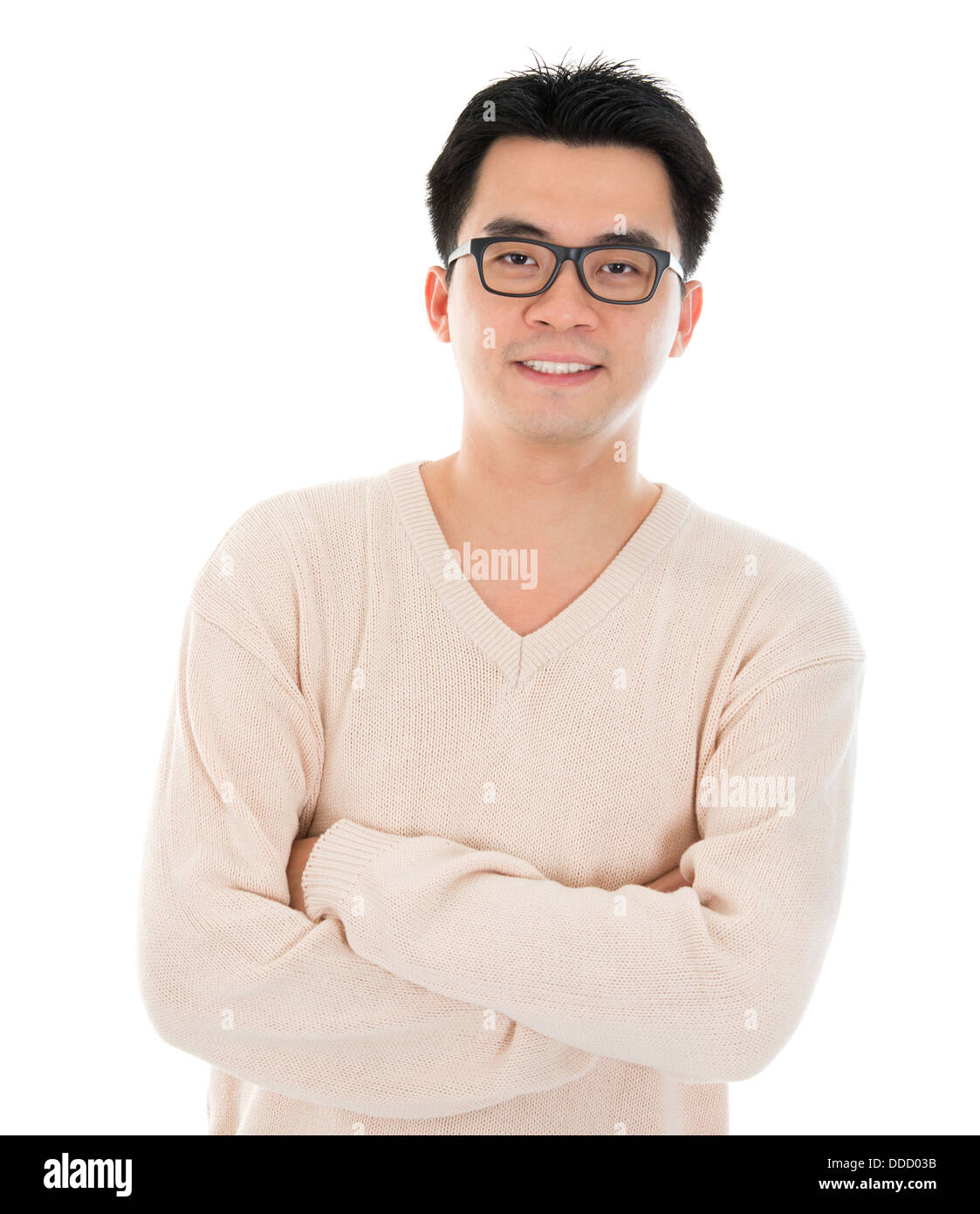 Front view headshot Asian man in casual wear standing isolated on white ...