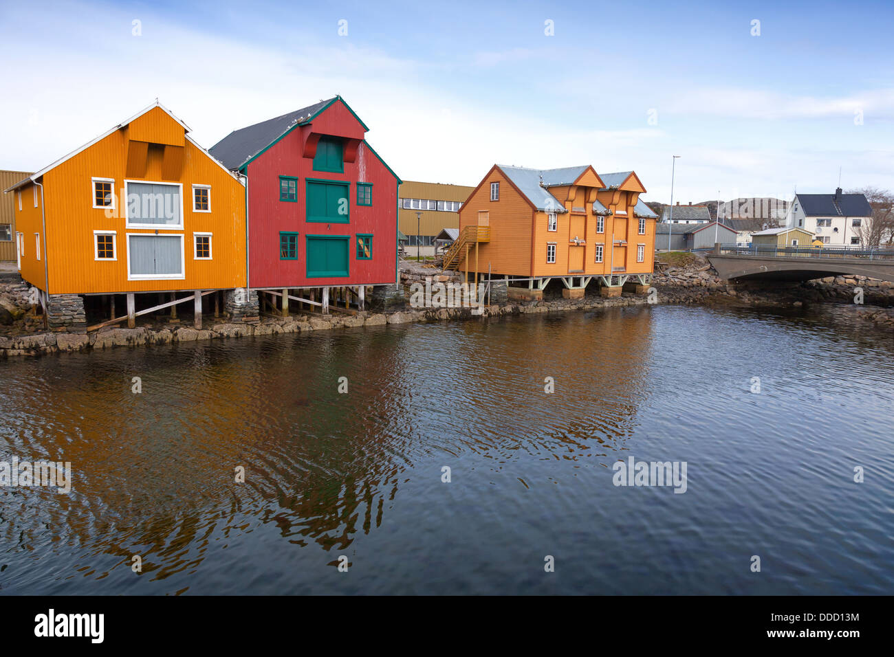Red and yellow wooden houses in Norwegian fishing village. Rorvik ...