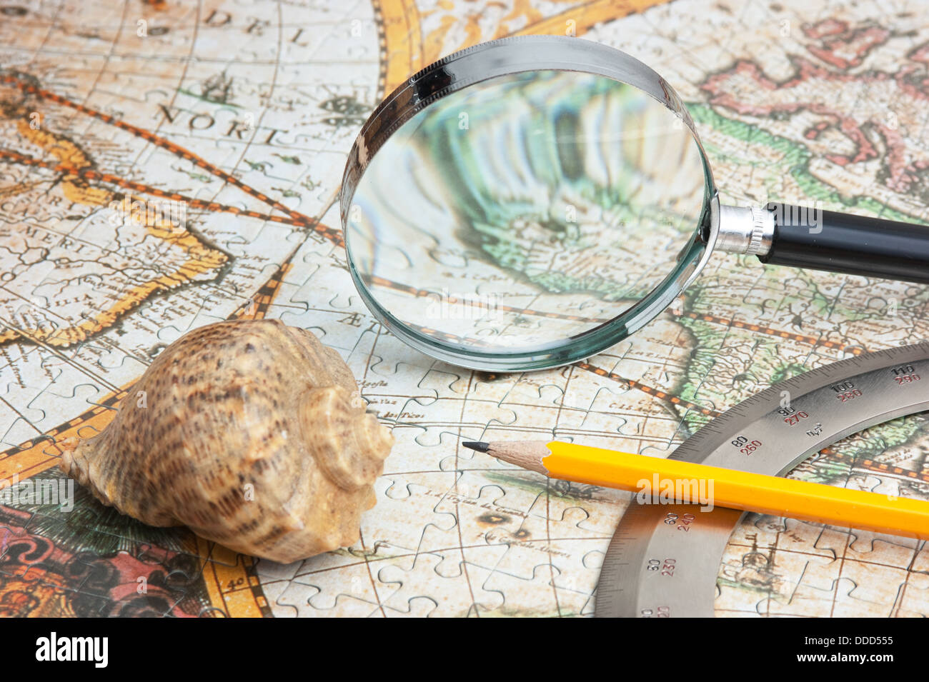 old map and shell, still life Stock Photo - Alamy