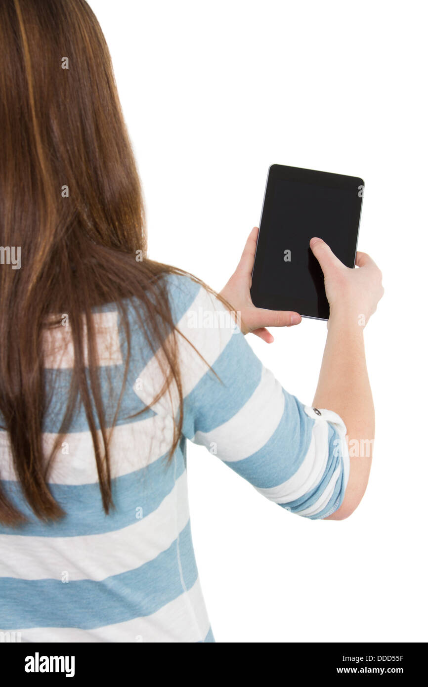 Picture of a woman using a tablet pc from behind Stock Photo - Alamy