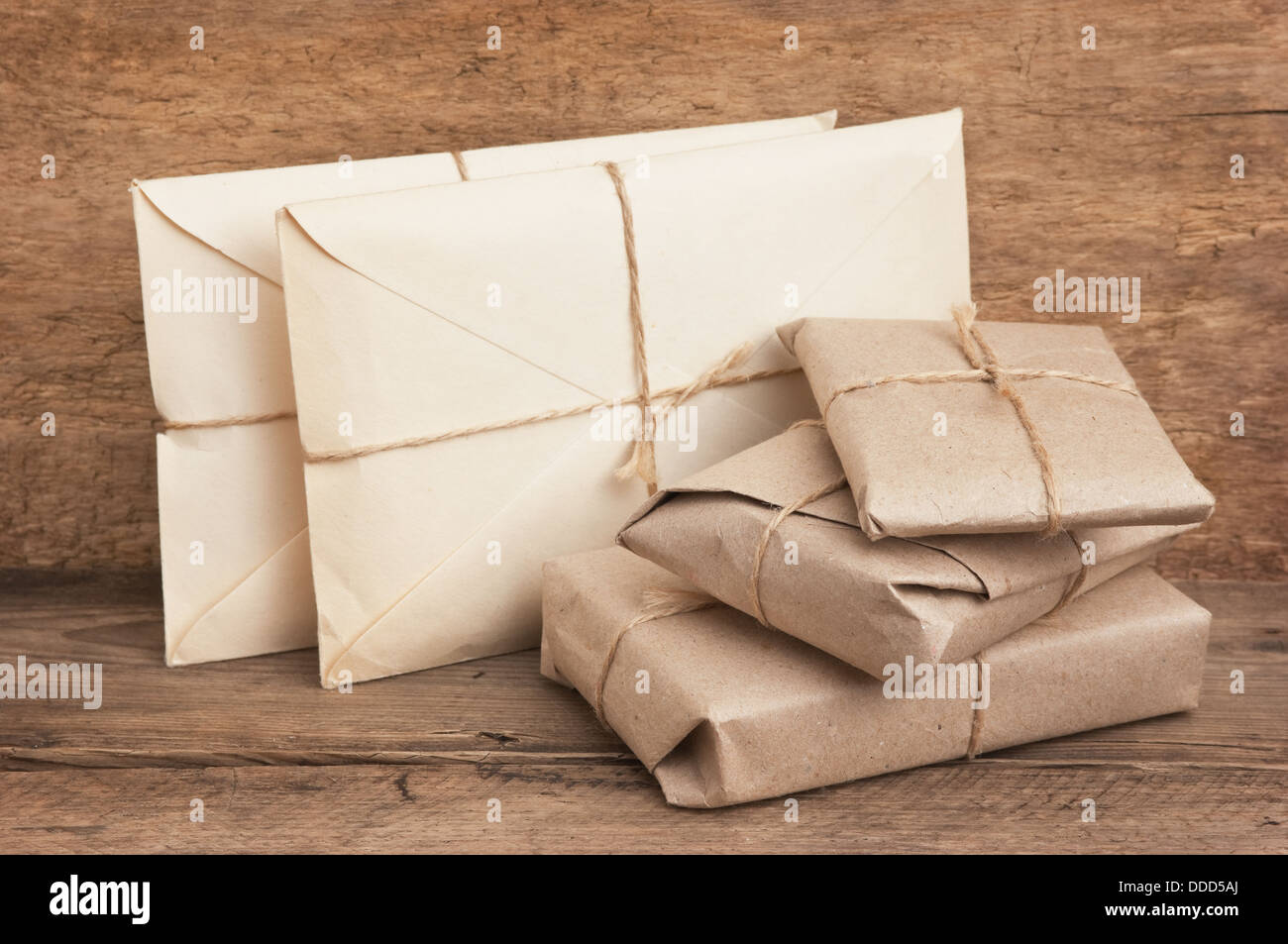 pile parcel wrapped with brown kraft paper and tied with twine Stock ...