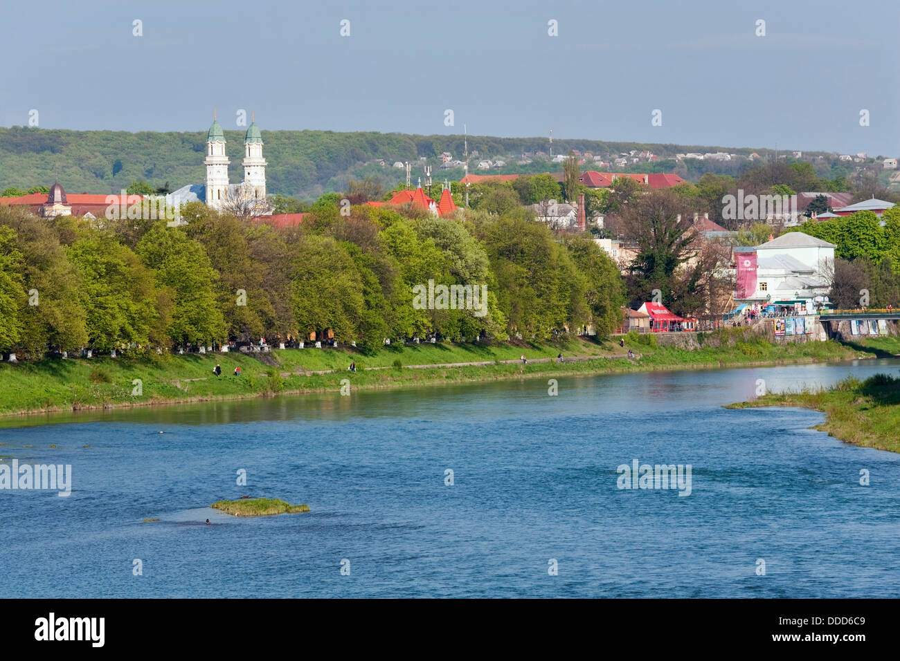 Day urban view with Uzh river and Greek Catholic Cathedral and Linden ...