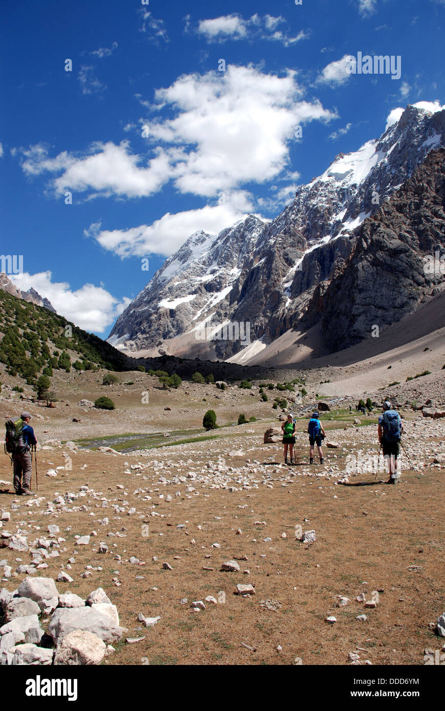 trekkers in a valley of the Fann mountains in Tajikistan Stock Photo ...