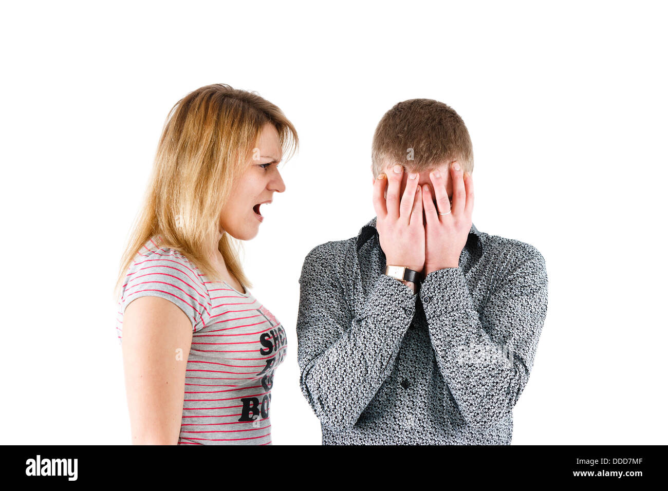 A woman shouts at the man. white background Stock Photo - Alamy