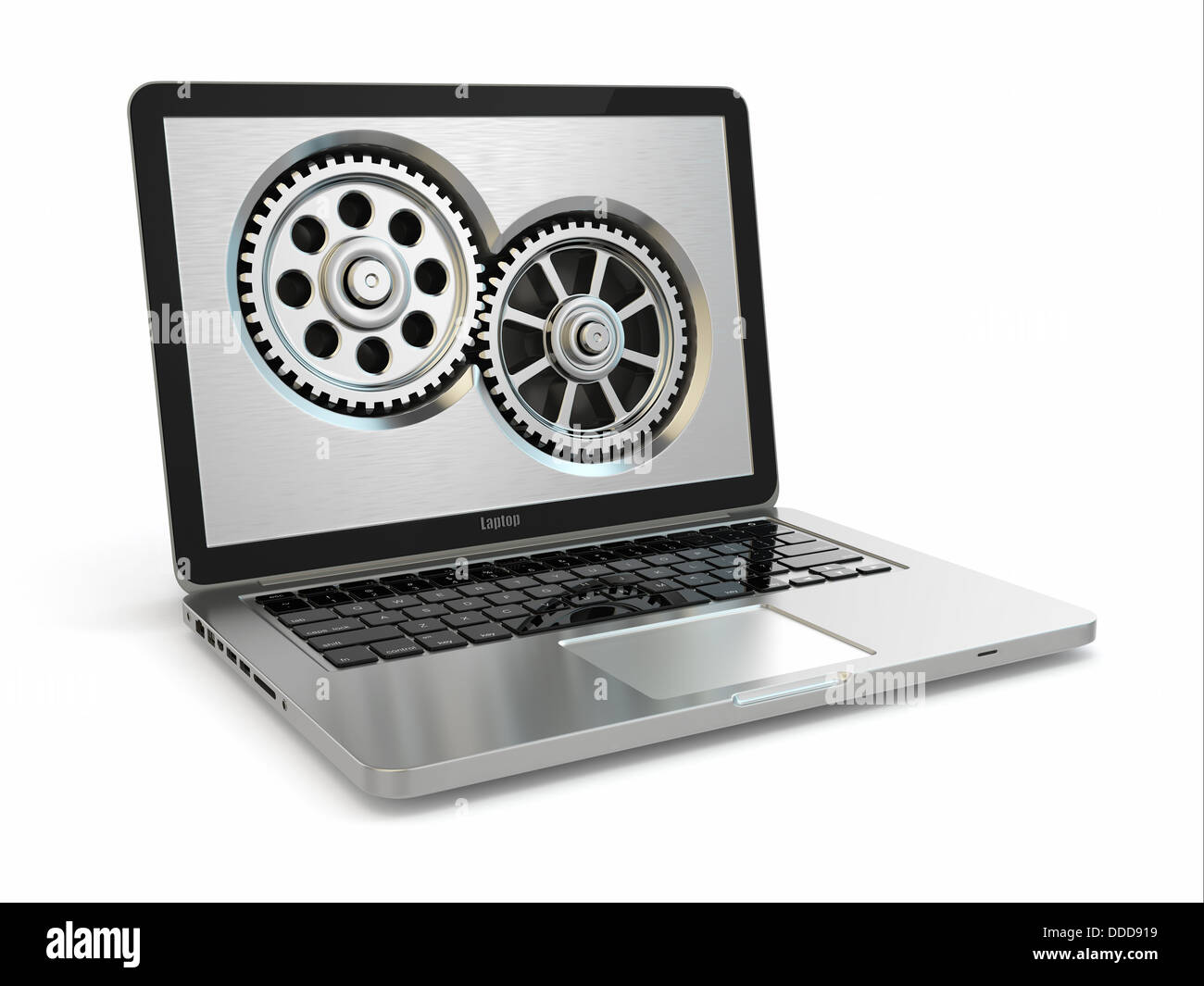 System properties concept. Laptop and gears. 3d Stock Photo - Alamy