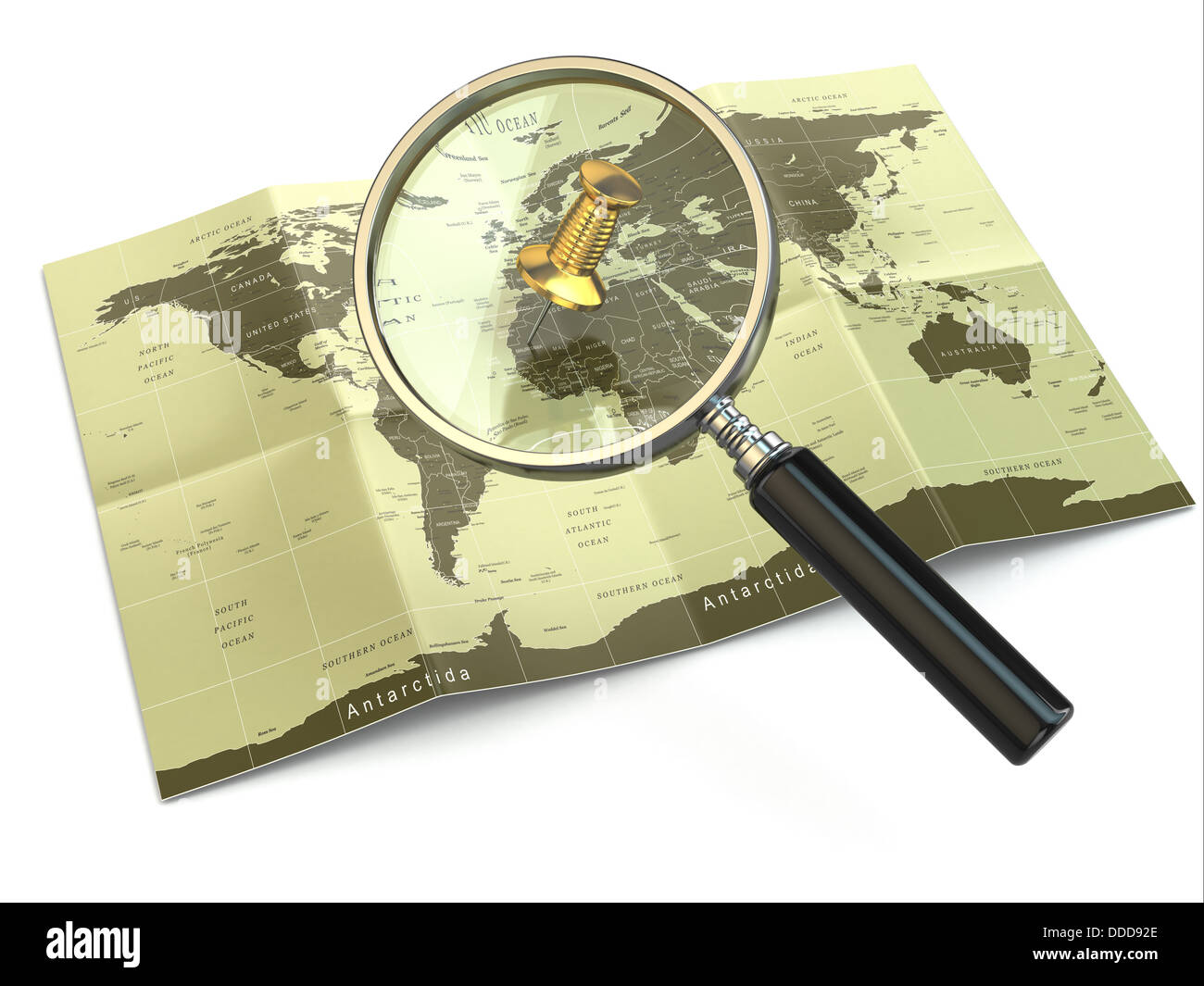 Find locations. Loupe and mapof the world. 3d Stock Photo - Alamy