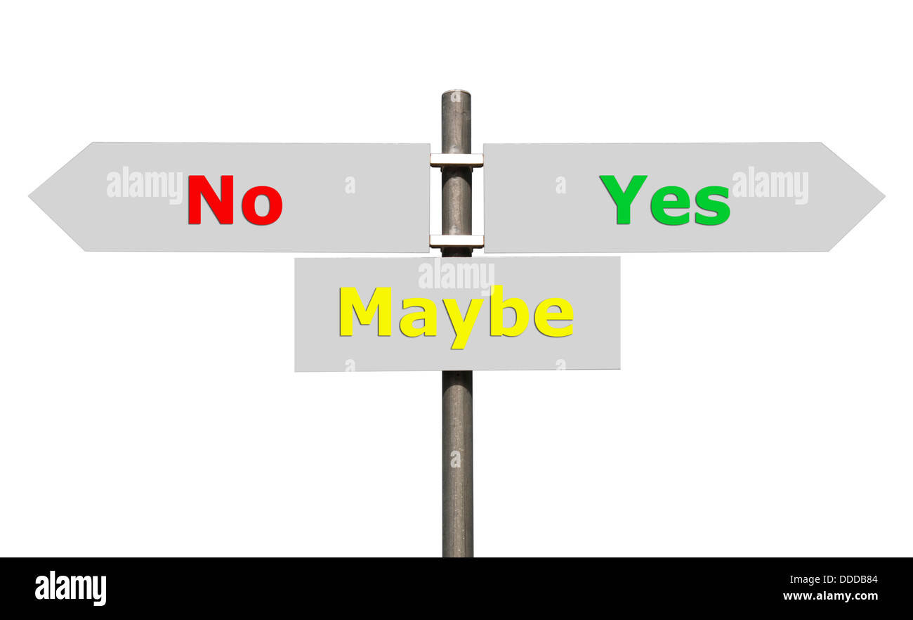 conceptual picture of a signpost with no, maybe and yes isolated on ...