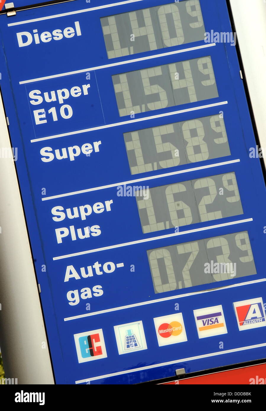 Munich, Germany. 31st Aug, 2013. Prices are on display at a petrol ...