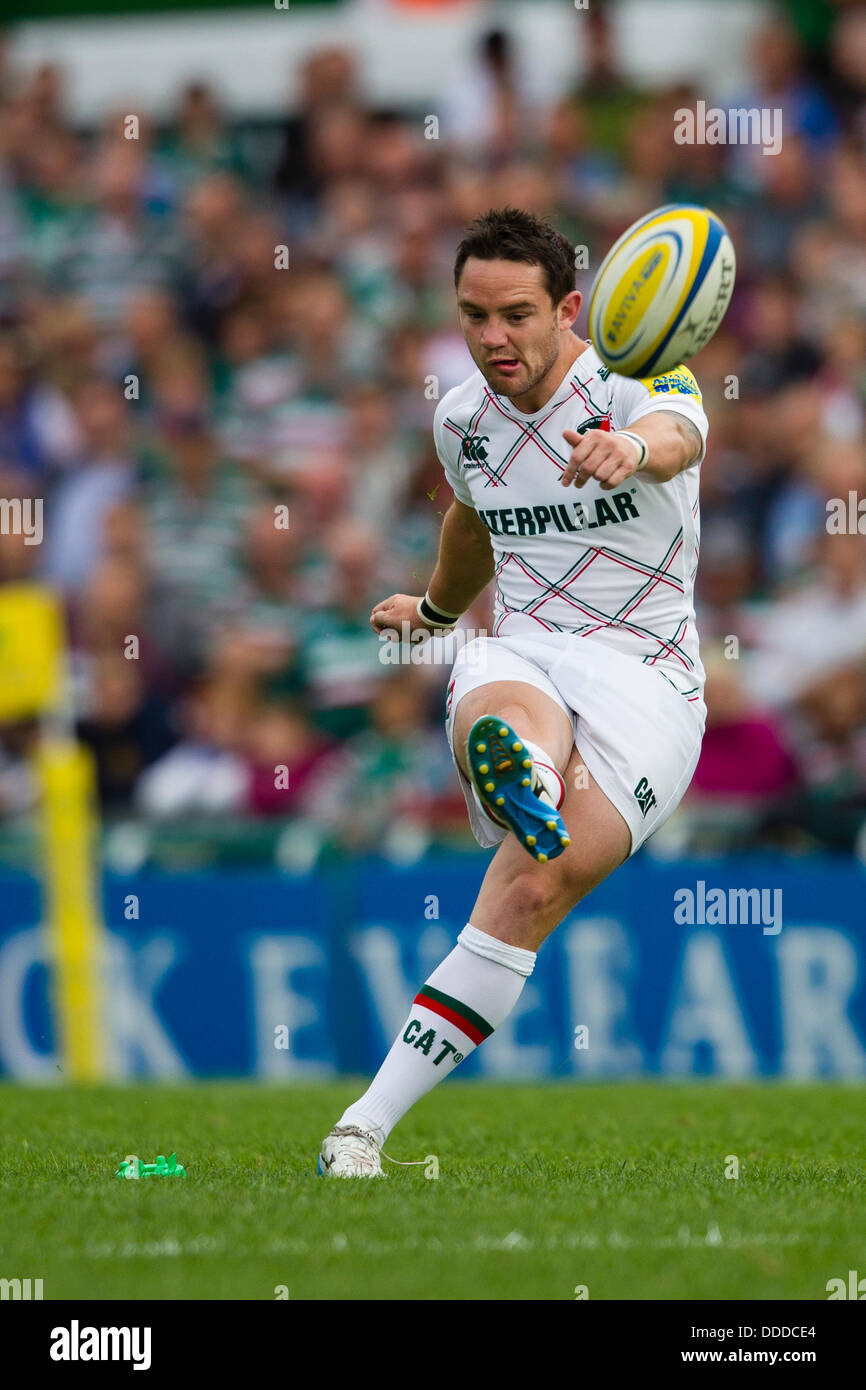 LEICESTER, UK - Saturday 31st August 2013. Leicester's Ryan Lamb kicks ...