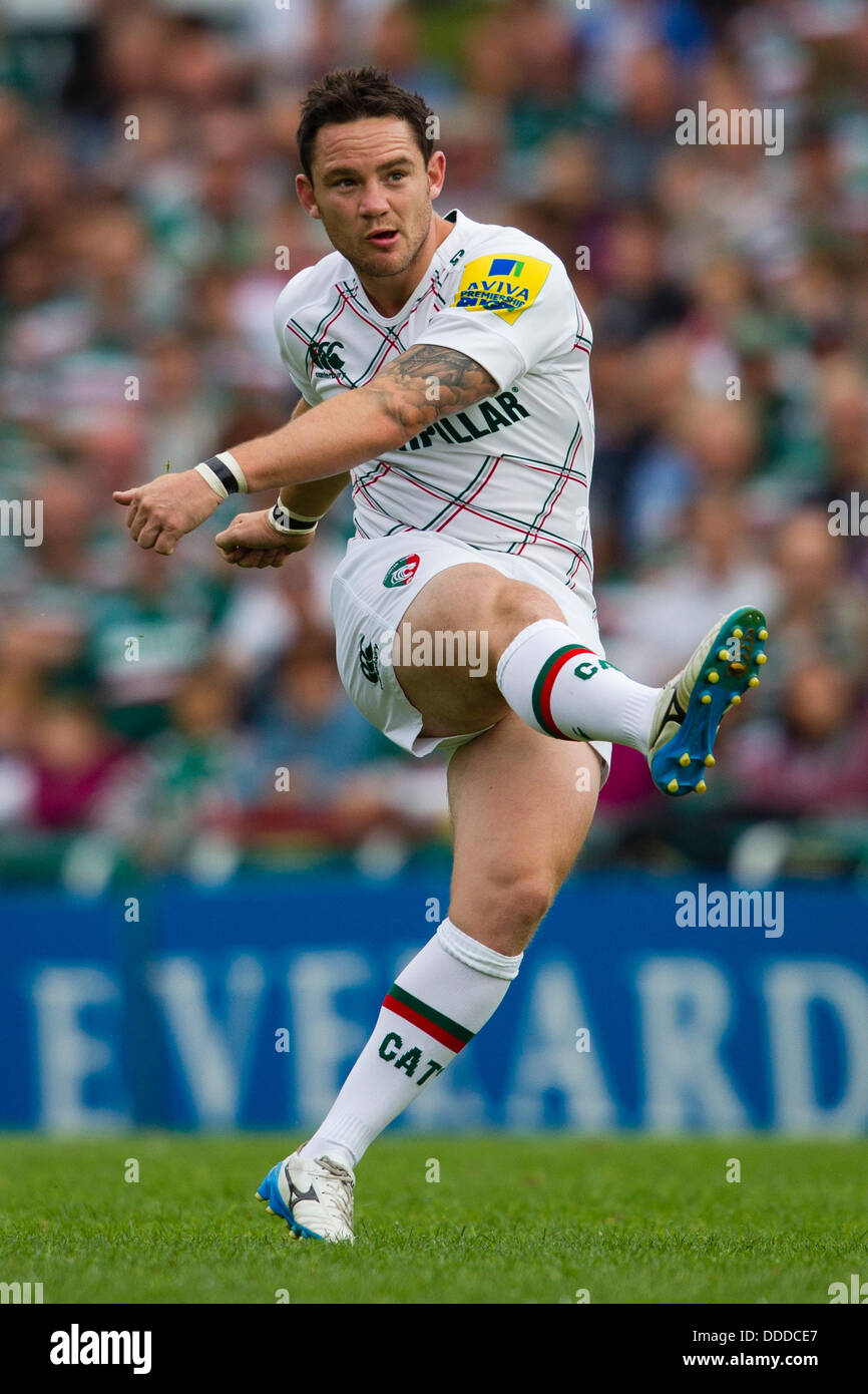 LEICESTER, UK - Saturday 31st August 2013. Leicester's Ryan Lamb kicks ...