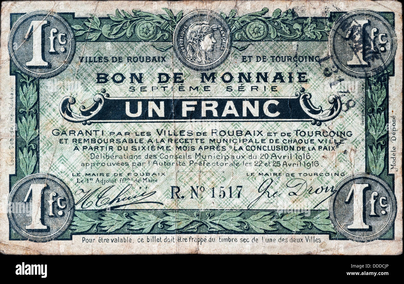 French banknote Bon de Monnaie Un Franc of the cities Ville de Roubaix ...
