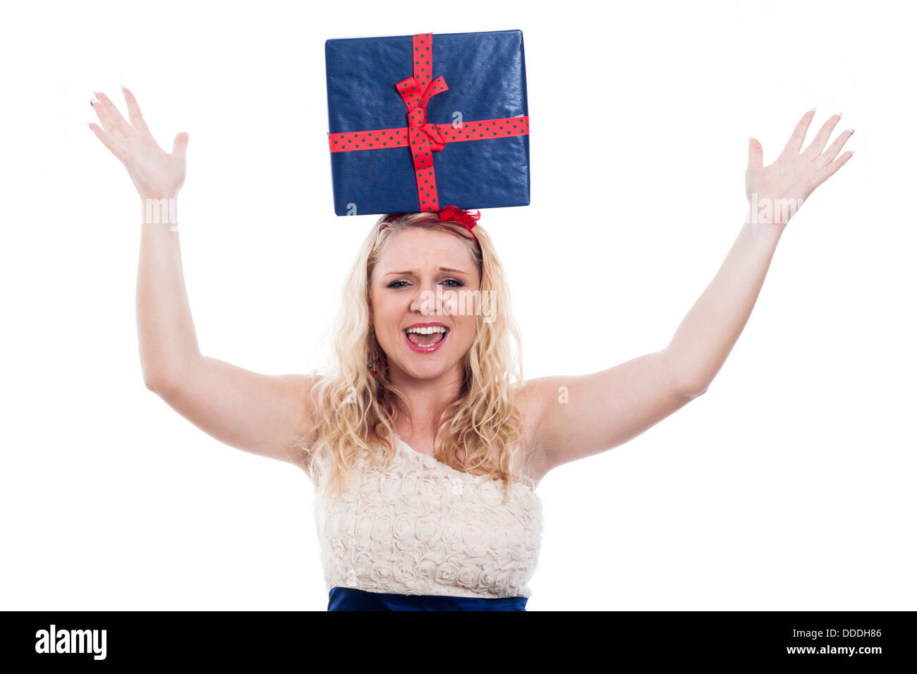 Funny woman with present on head, isolated on white background Stock ...