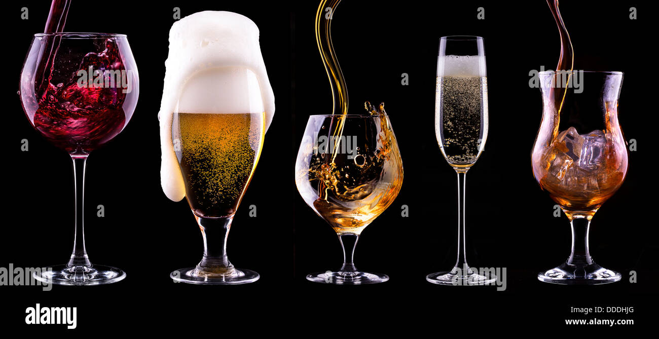 alcohol drinks set isolated on a black background - beer,wine,champagne ...