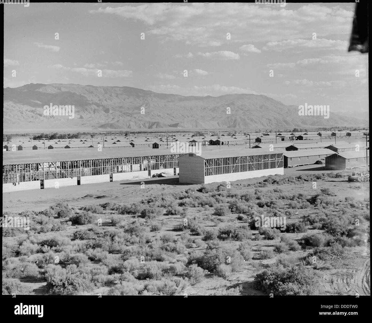 This image shows a view of the Manzanar Relocation Center in California ...