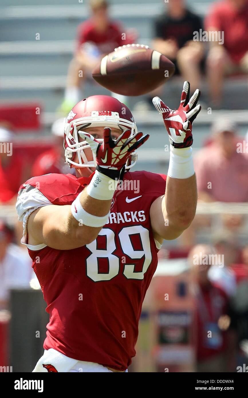 Aug 31, 2013: Arkansas tight end Mitchell Loewen #89 looks in a ball ...