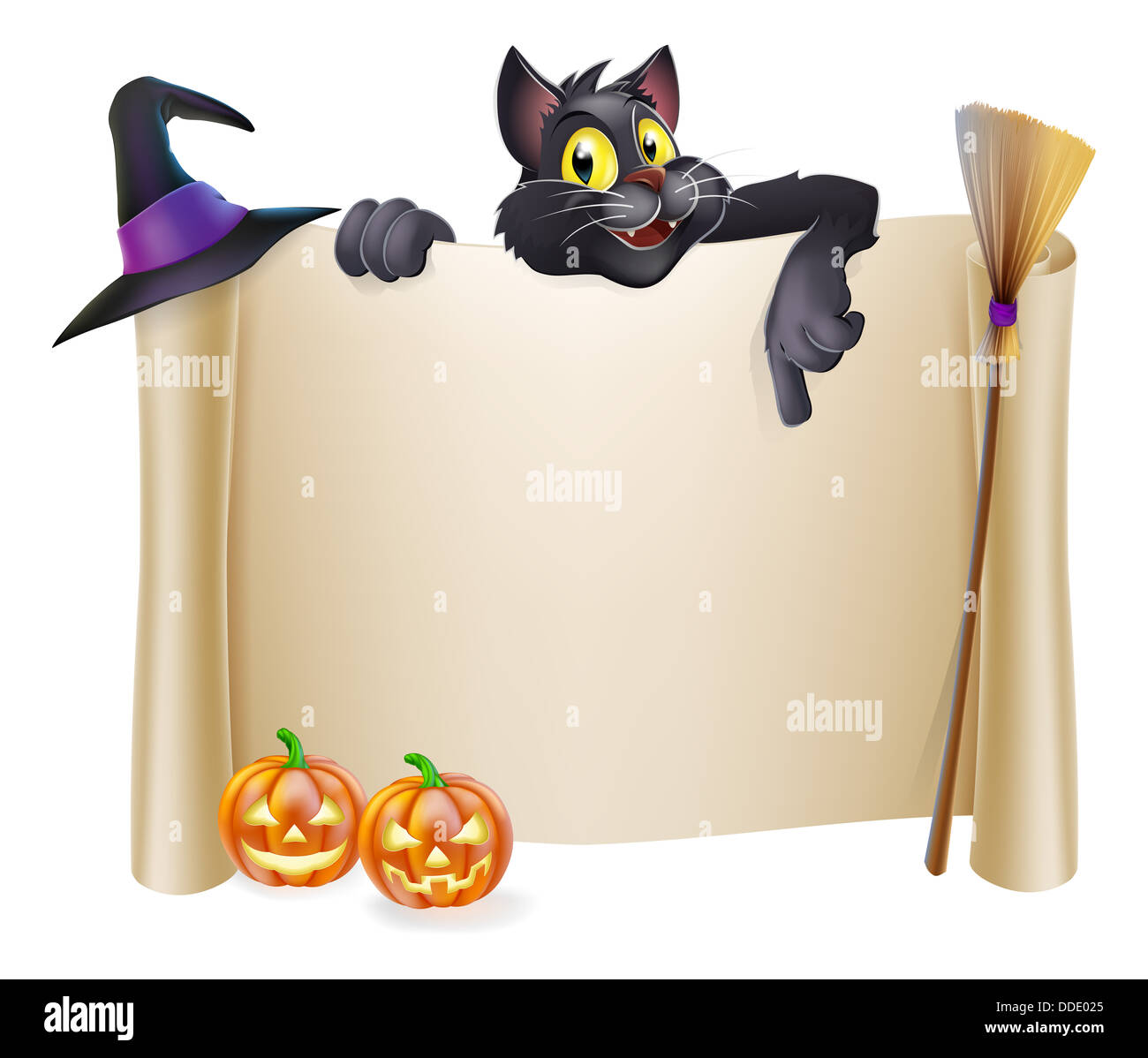 A Halloween scroll sign with a black cat character above the banner and ...