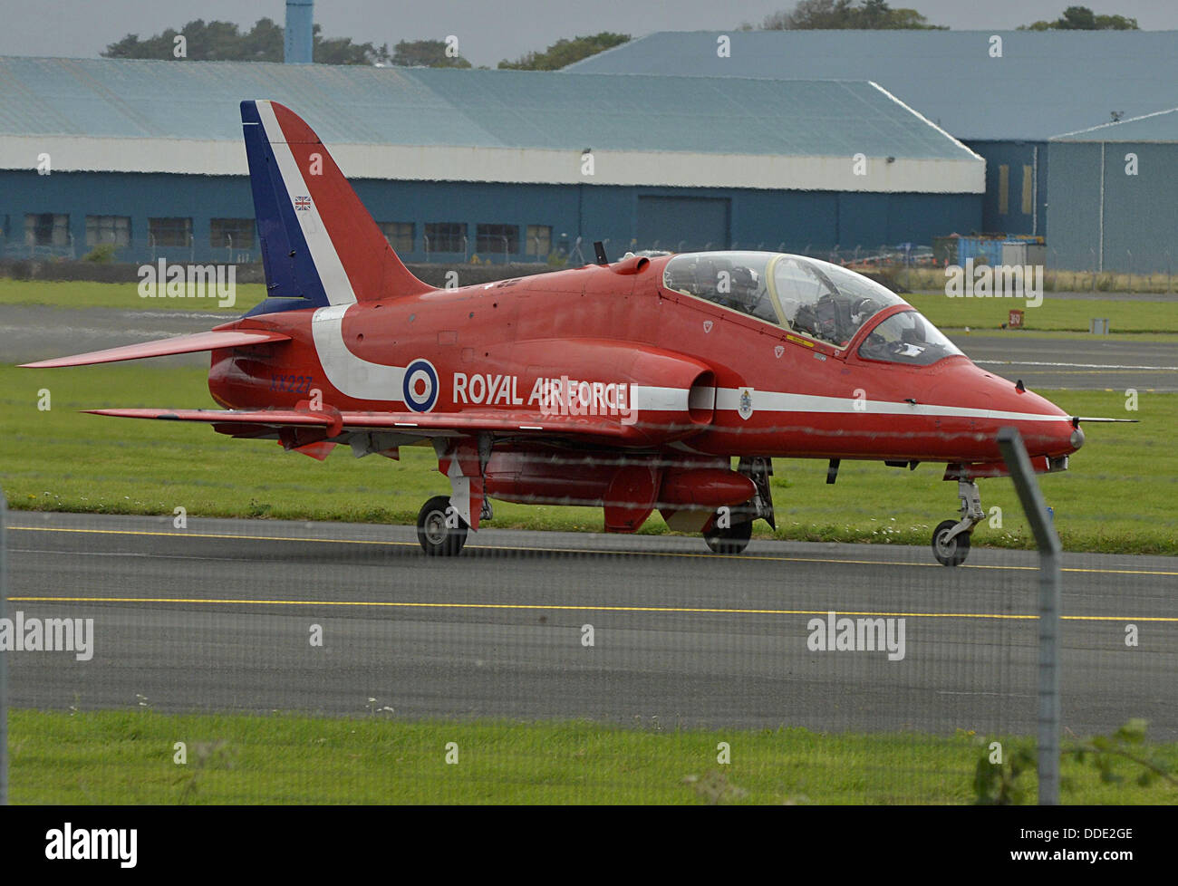 Prestwick, UK. 1/9/13 The Red Arrows display team preparing to depart ...