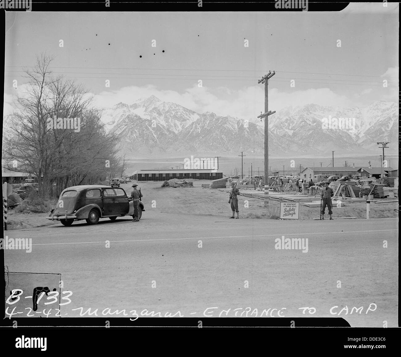 The entrance to the Manzanar Relocation Center, under construction ...