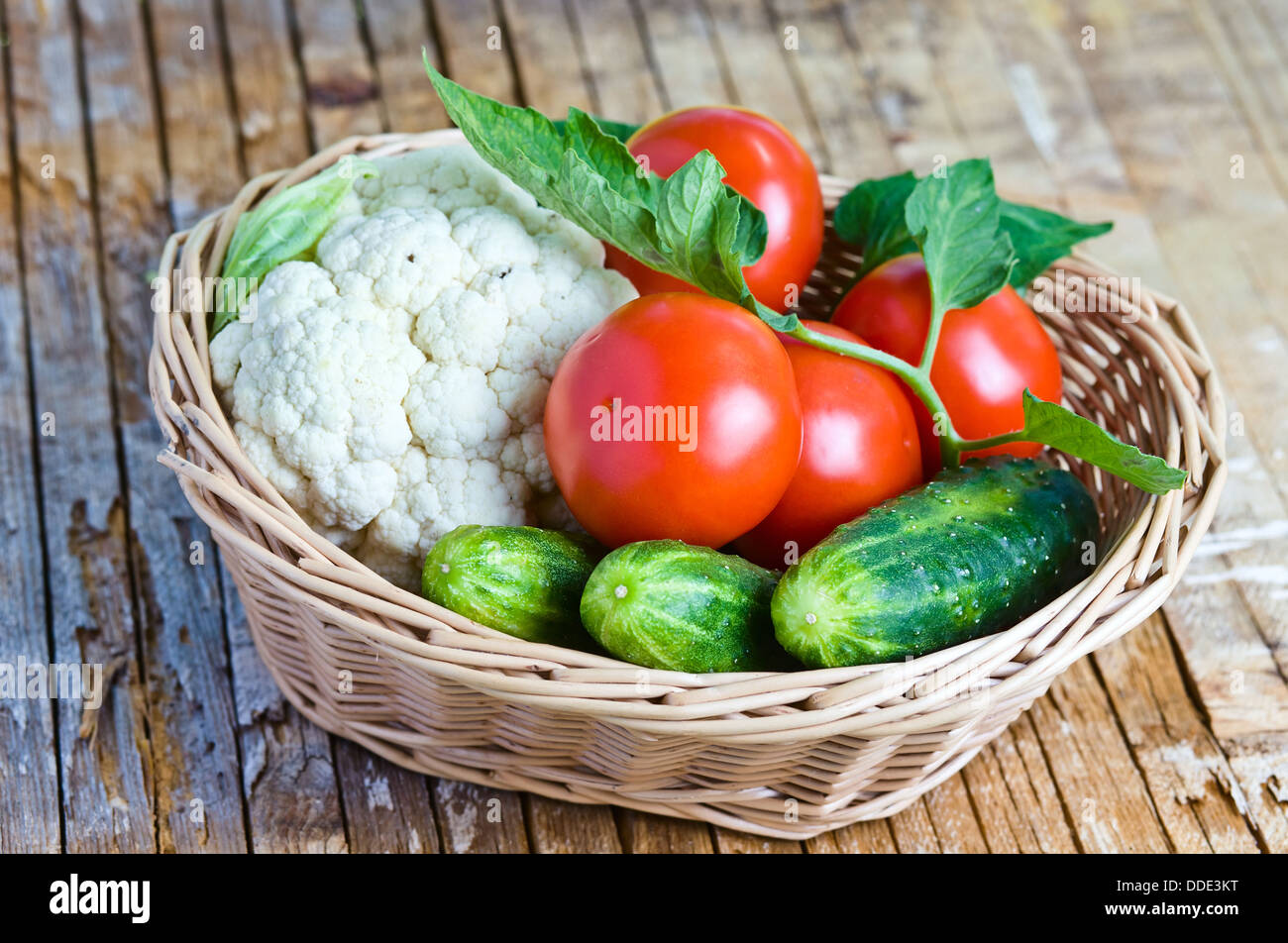 vegetables in basket on a old table Stock Photo - Alamy