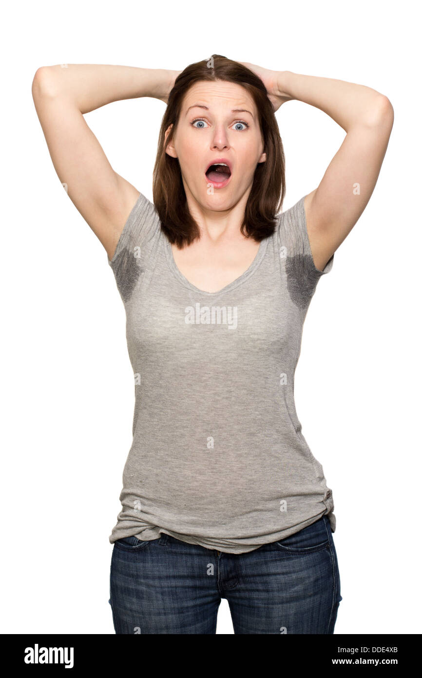 Woman sweating very badly under armpit Stock Photo - Alamy