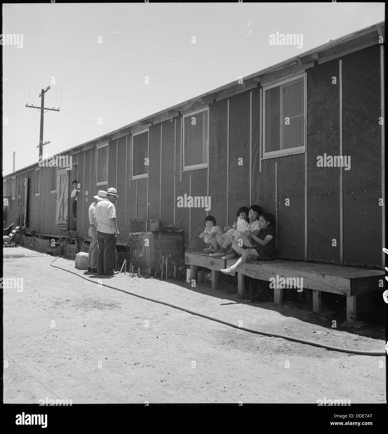 The photograph shows the barrack buildings at the Manzanar Relocation ...