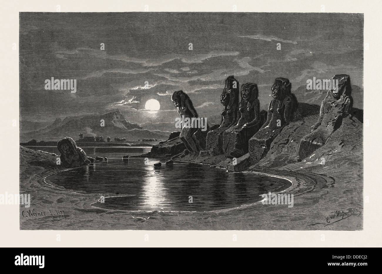 Sekhet statues near the temple of Mut, Karnak. Egypt, engraving 1879 ...