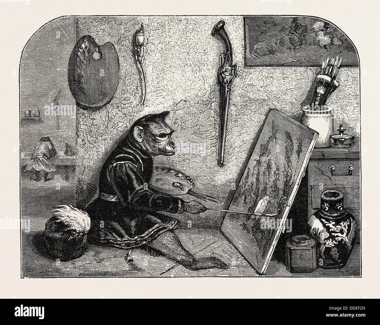 Salon of 1855. Monkey painter, painting by M. Decamps. engraving 1855 ...