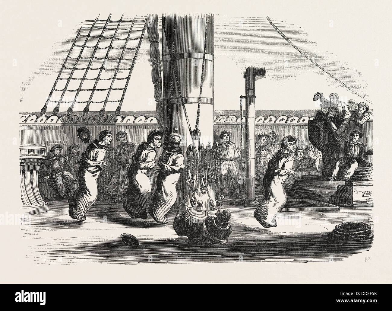 Recreations aboard the Friedland: The bags race, 1855. Engraving Stock ...