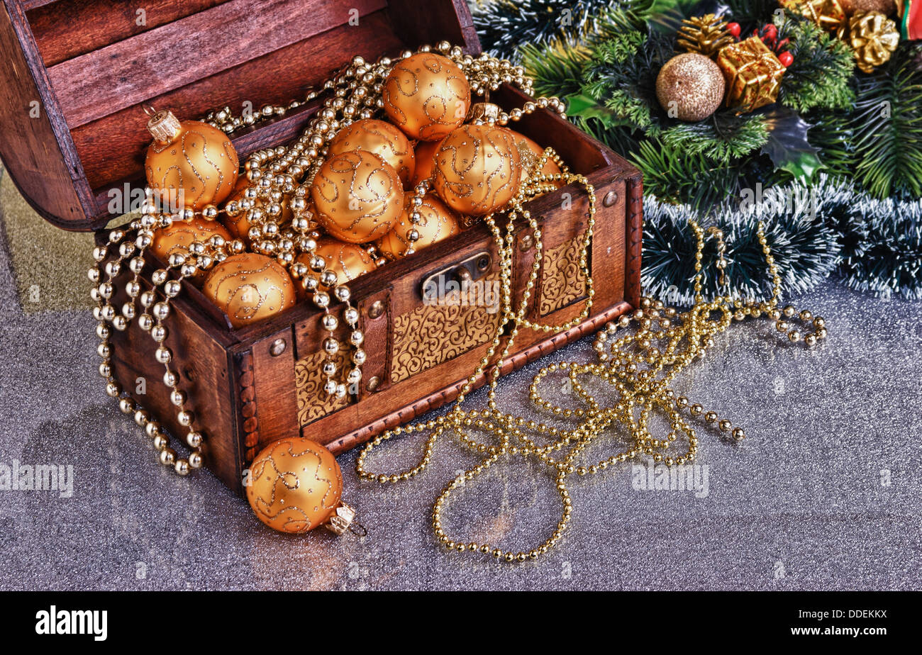 Christmas decoration in chest on Christmas background Stock Photo - Alamy