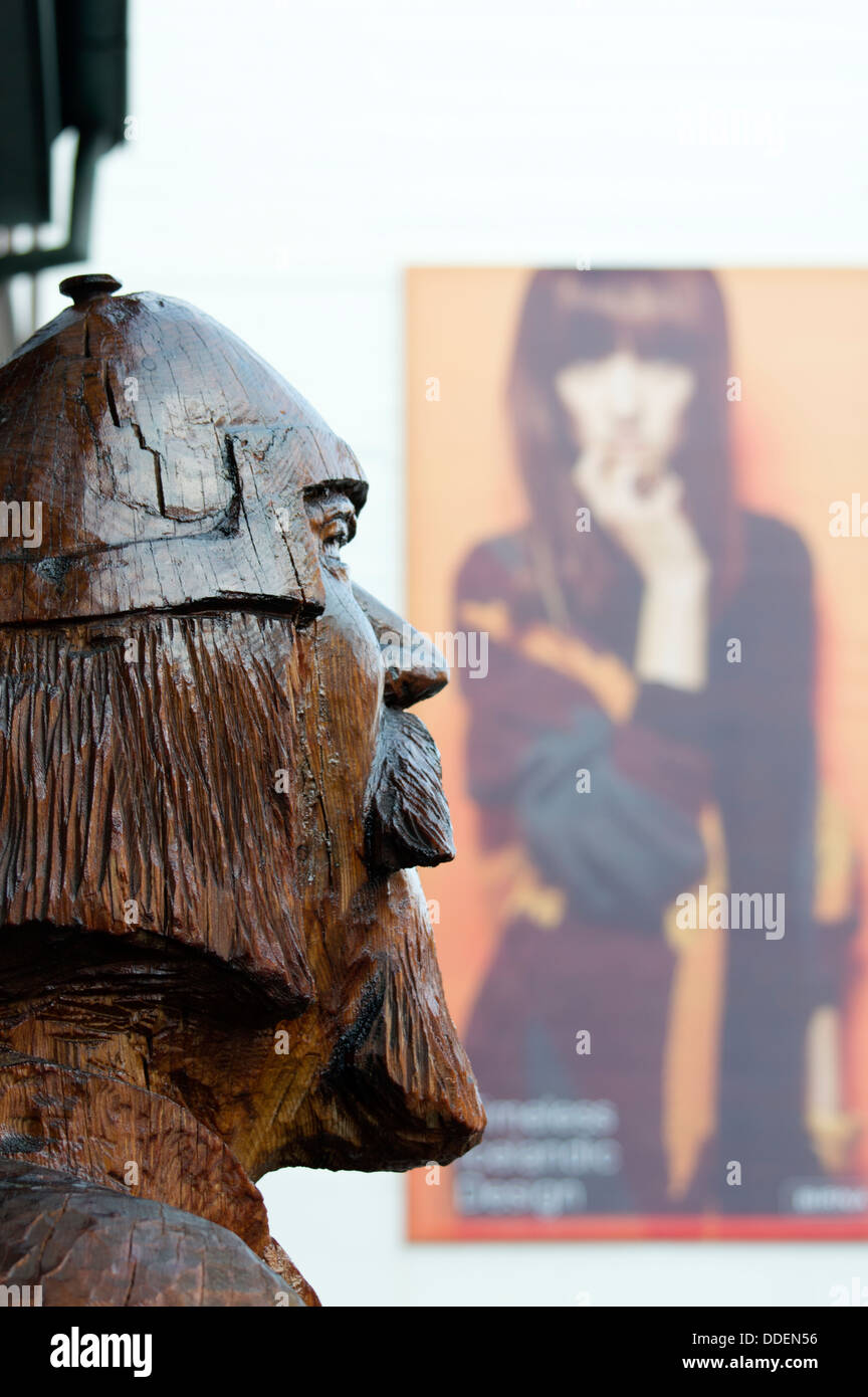 Wooden carved statue of a viking in the street in Reykjavik, Iceland ...
