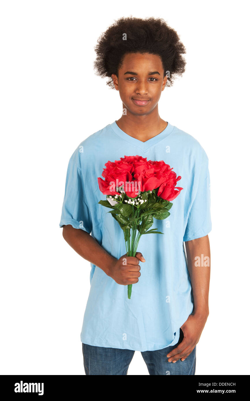 Black teen boy is giving flowers Stock Photo - Alamy
