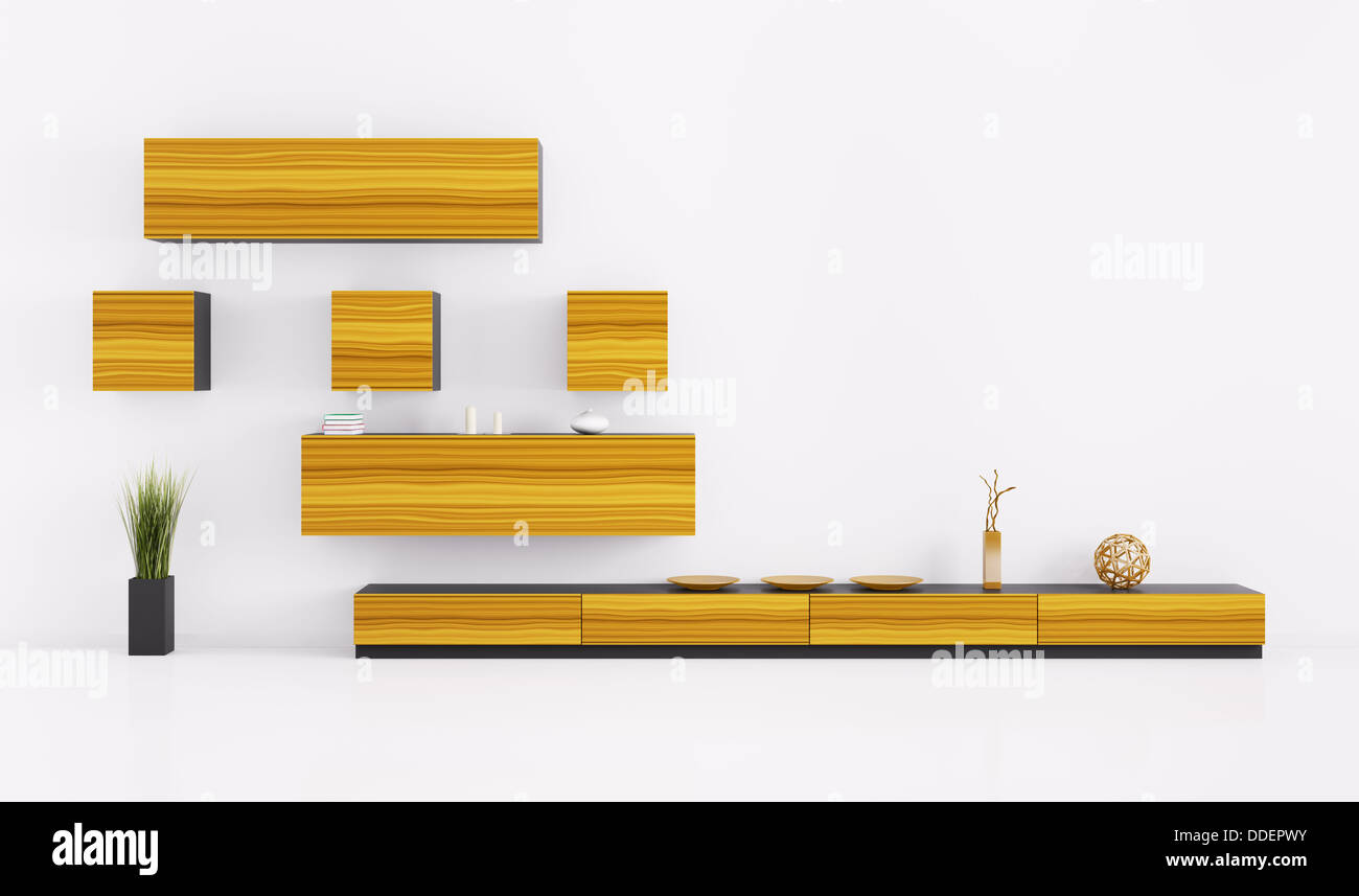 Interior of living room with shelves 3d render Stock Photo - Alamy