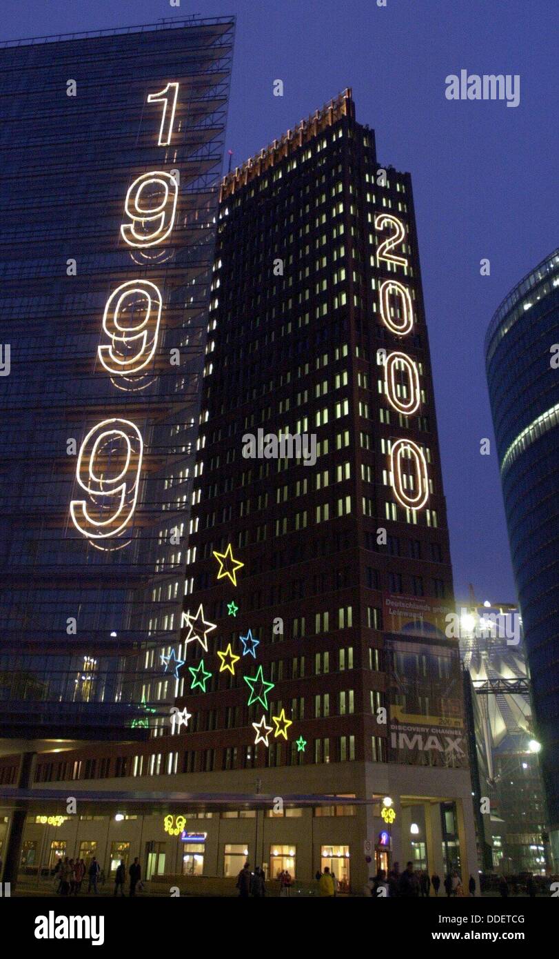 The year dates 1999 and 2000 are illuminated on the skyscrapers in ...