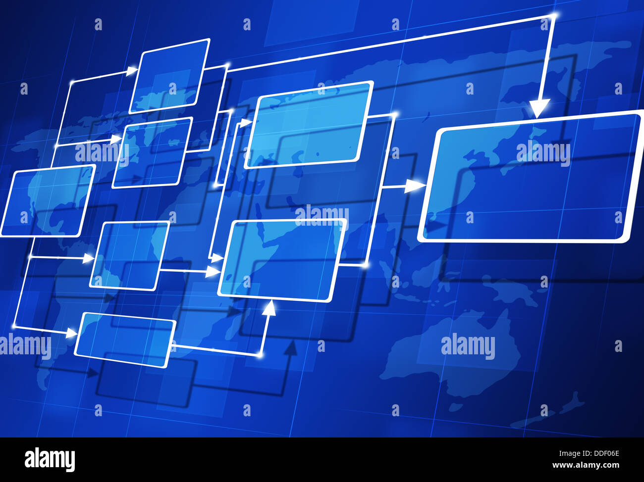 abstract 3d flow chart on the map blue background Stock Photo - Alamy