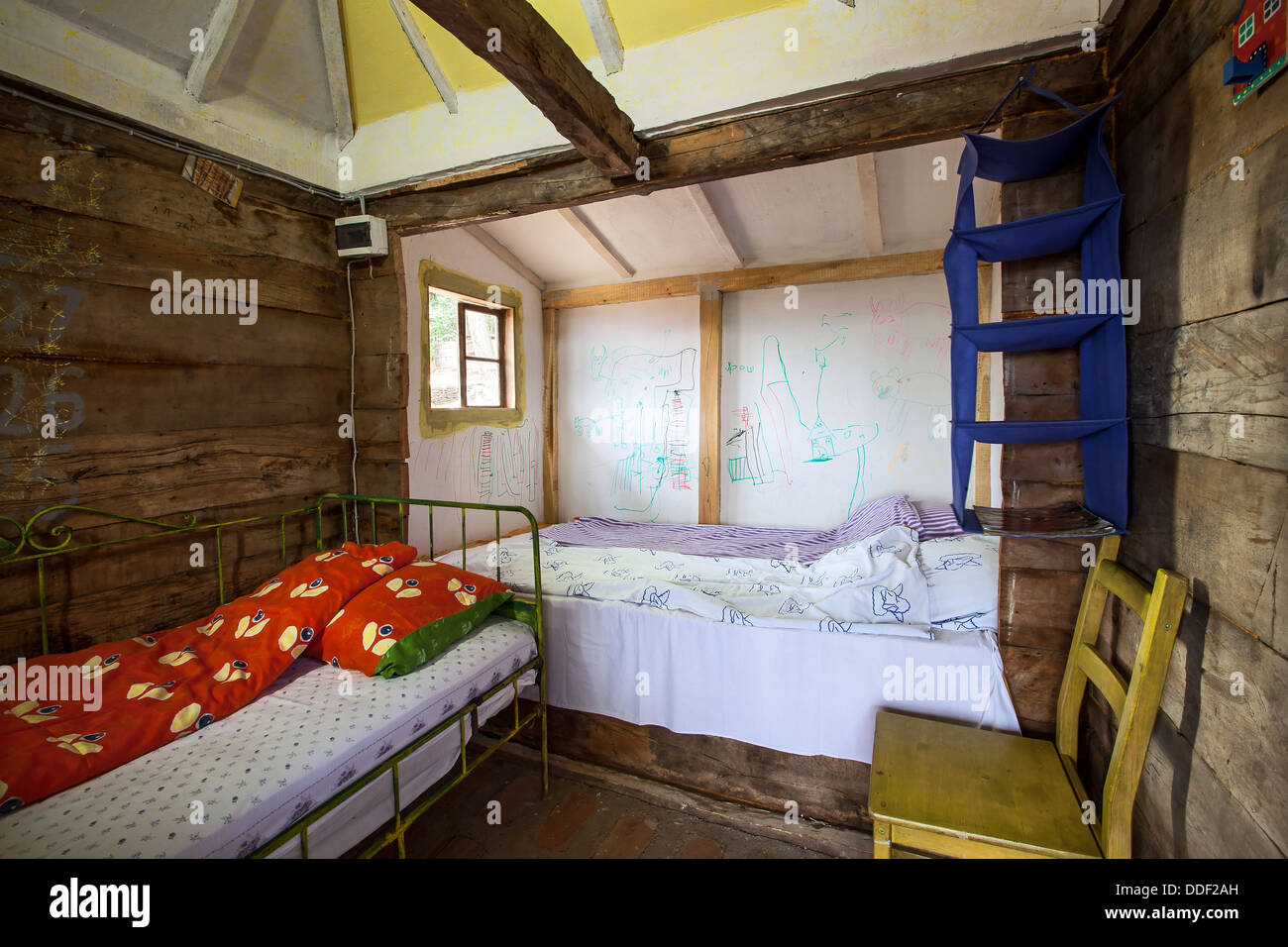 Interior of a wooden house, traditional Serbian style Stock Photo - Alamy