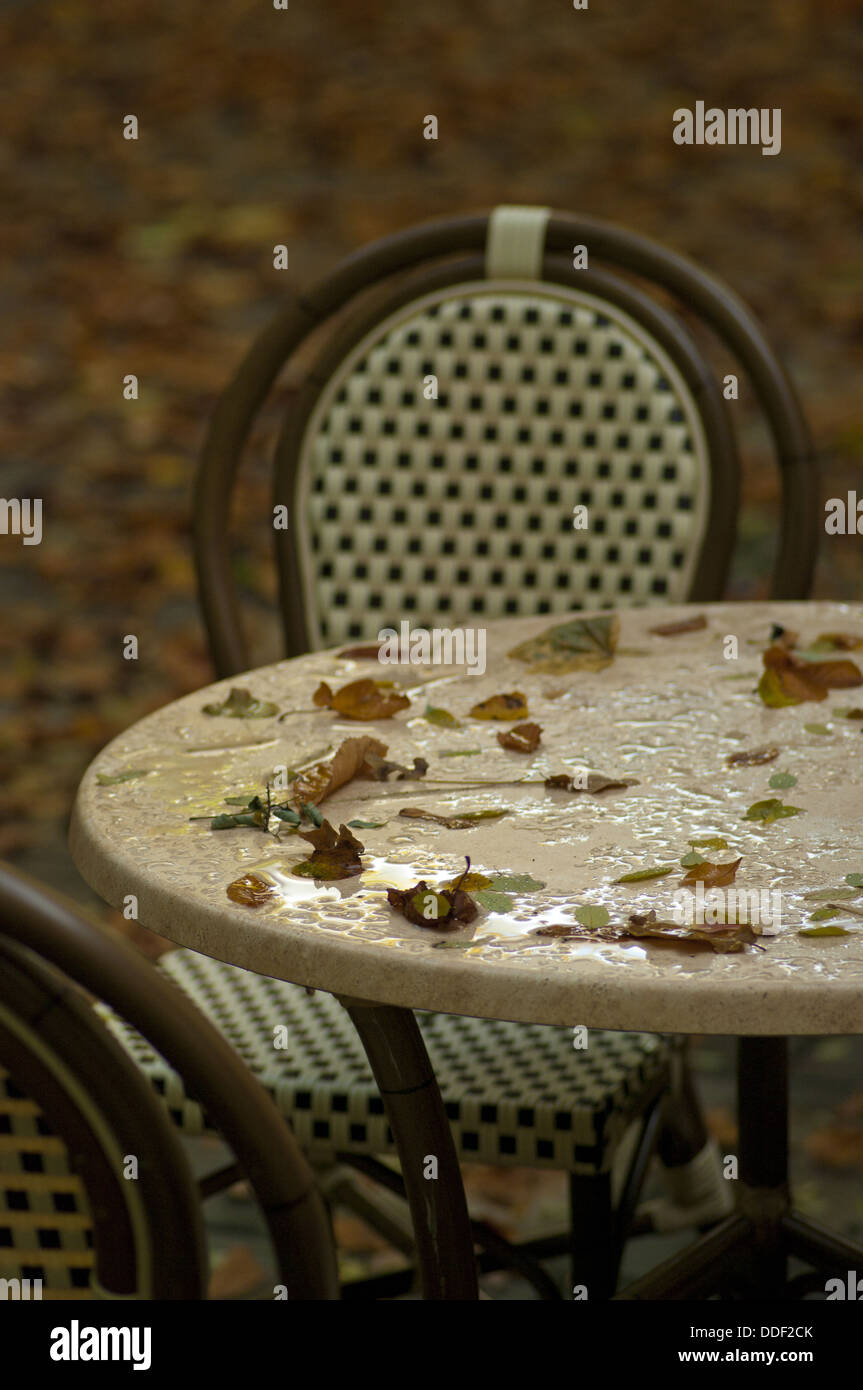 Rainy autumn café table with leaves Stock Photo - Alamy