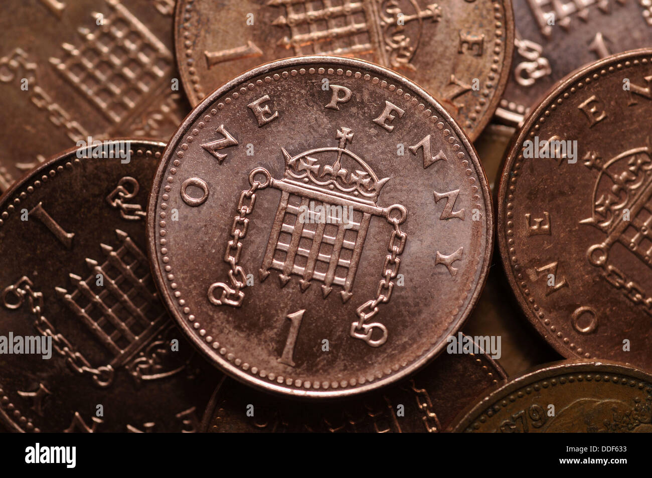 British currency, selection of 1 penny copper coins Stock Photo - Alamy